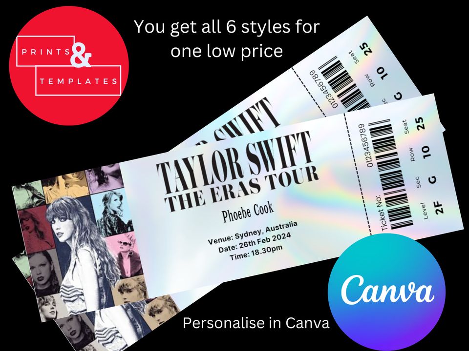 Eras Tour Ticket, Fully Editable, Taylor, 6 styles, Taylor Ticket ...