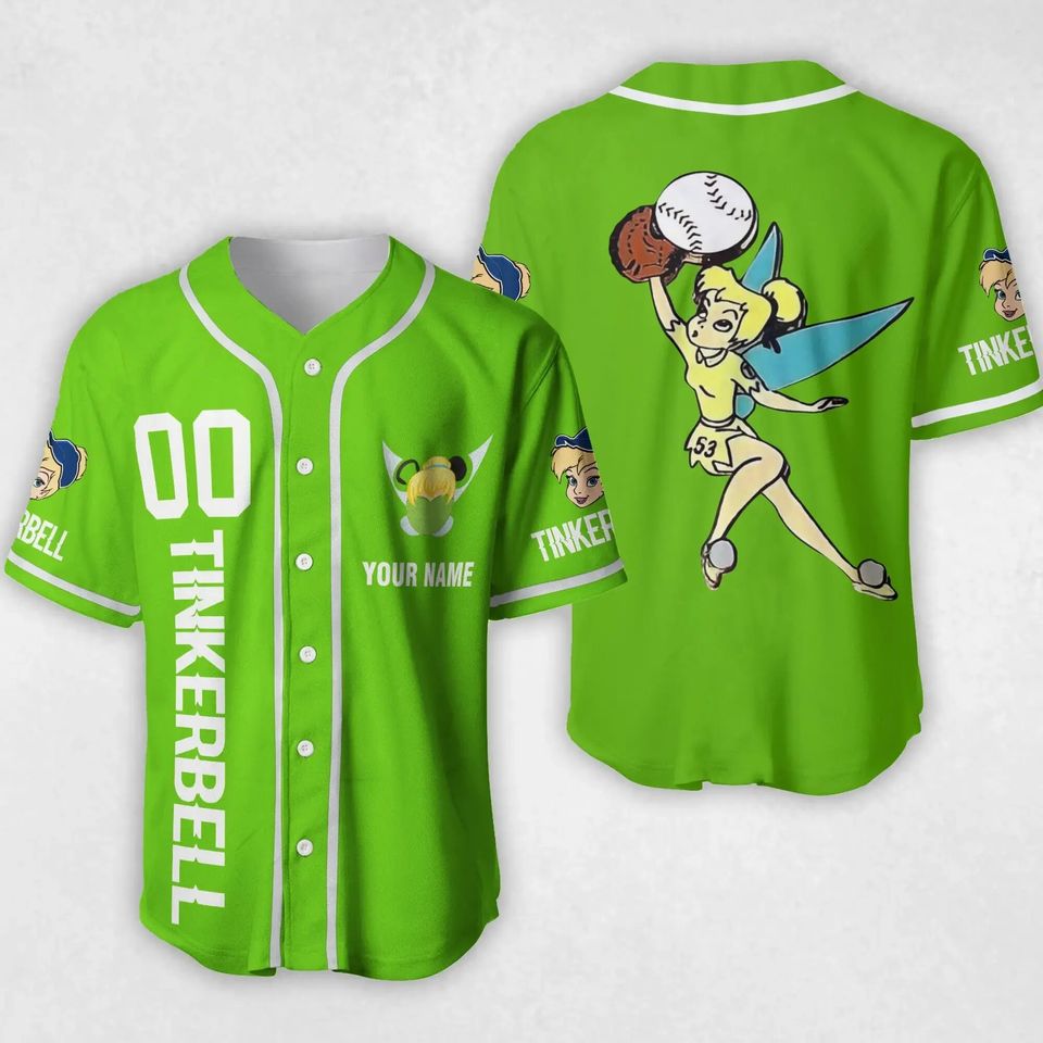 Personalized Tinkerbell Green Baseball Jersey, Disney Baseball Jersey ...