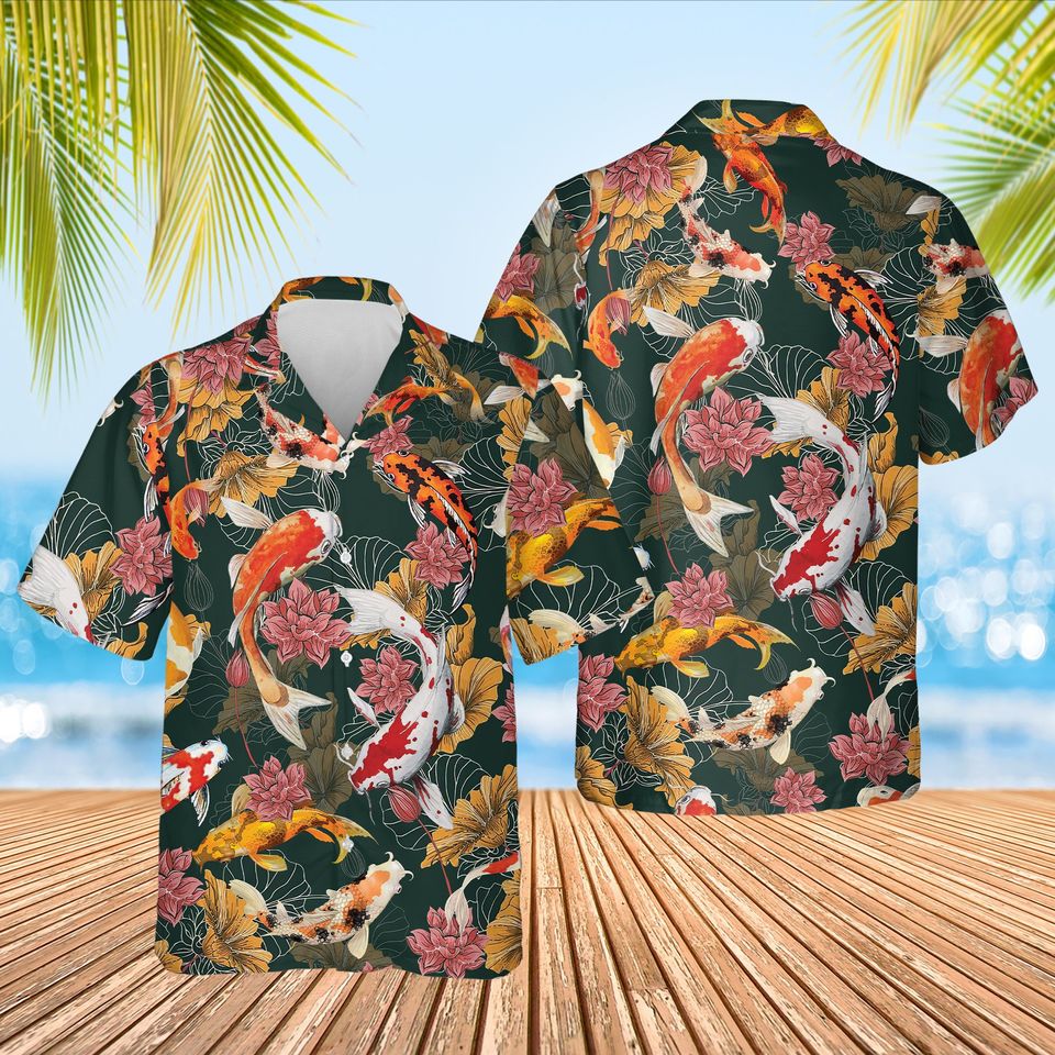 Koi Fish Pattern Hawaiian Shirt, Japanese Koi Fish, Koi Fish Hawaiian ...