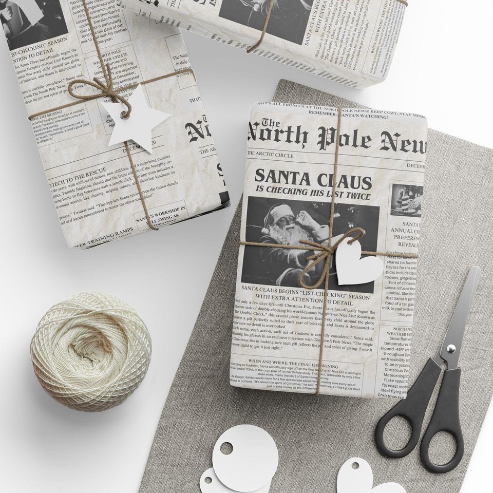 North Pole News Christmas Gift Wrap, Festive Newspaper-Style Wrapping ...