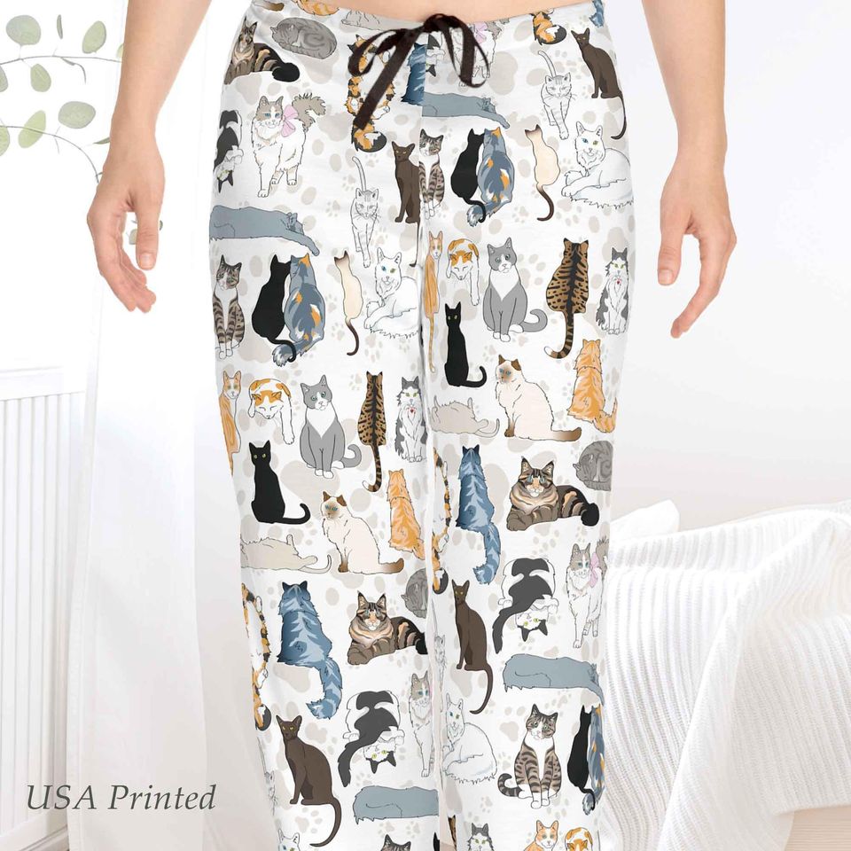 Cat Print Pajama Pants, Crazy Cat Ladies PJ Bottoms, Realistic Cat ...