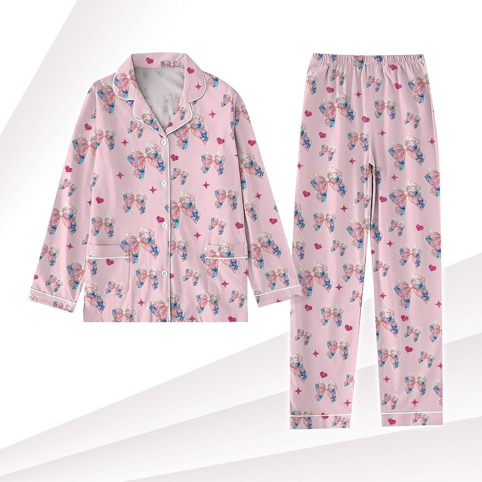 Stitch And Angel Bow Pajamas Set, Stitch Pink Bow Pajamas Family ...