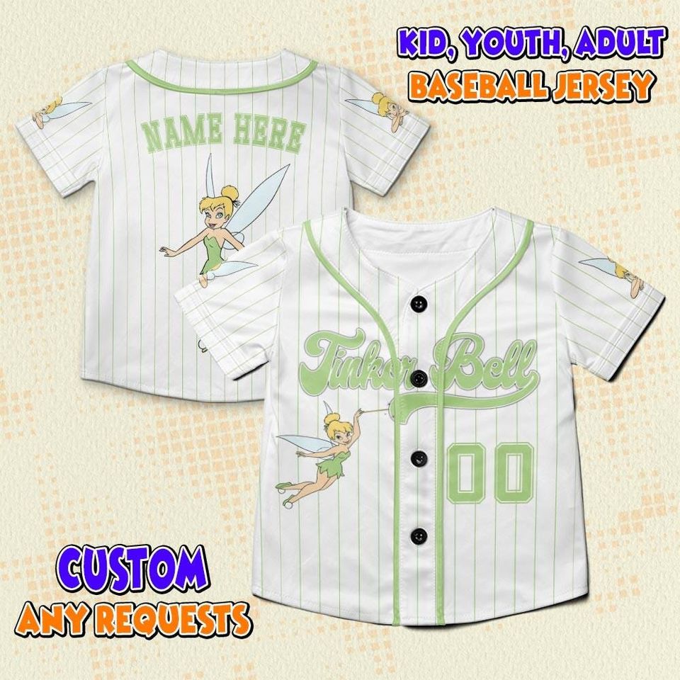 Custom Disney Tinker Bell Baseball Jersey, Personalized Disney Jersey ...