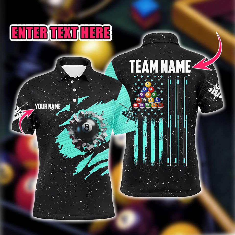Custom 8 Ball Pool Polo Shirt for Men, Grunge USA Flag Billiards Jersey ...