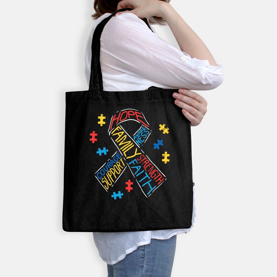 Autism Ribbon Words Awareness Puzzle Support Autistic Tote Bag | ID ...