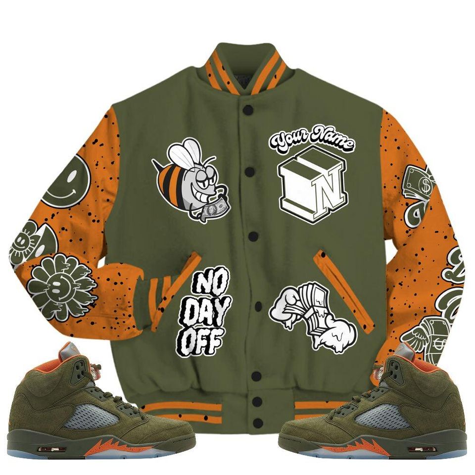 Olive 5s Varsity Jacket, Streetwear Varsity Jackets, No Day Off Graphic ...
