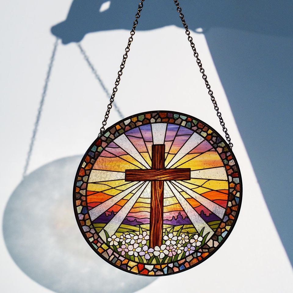 Christian Cross Glass Suncatcher Religious Window Hanging with Stained ...