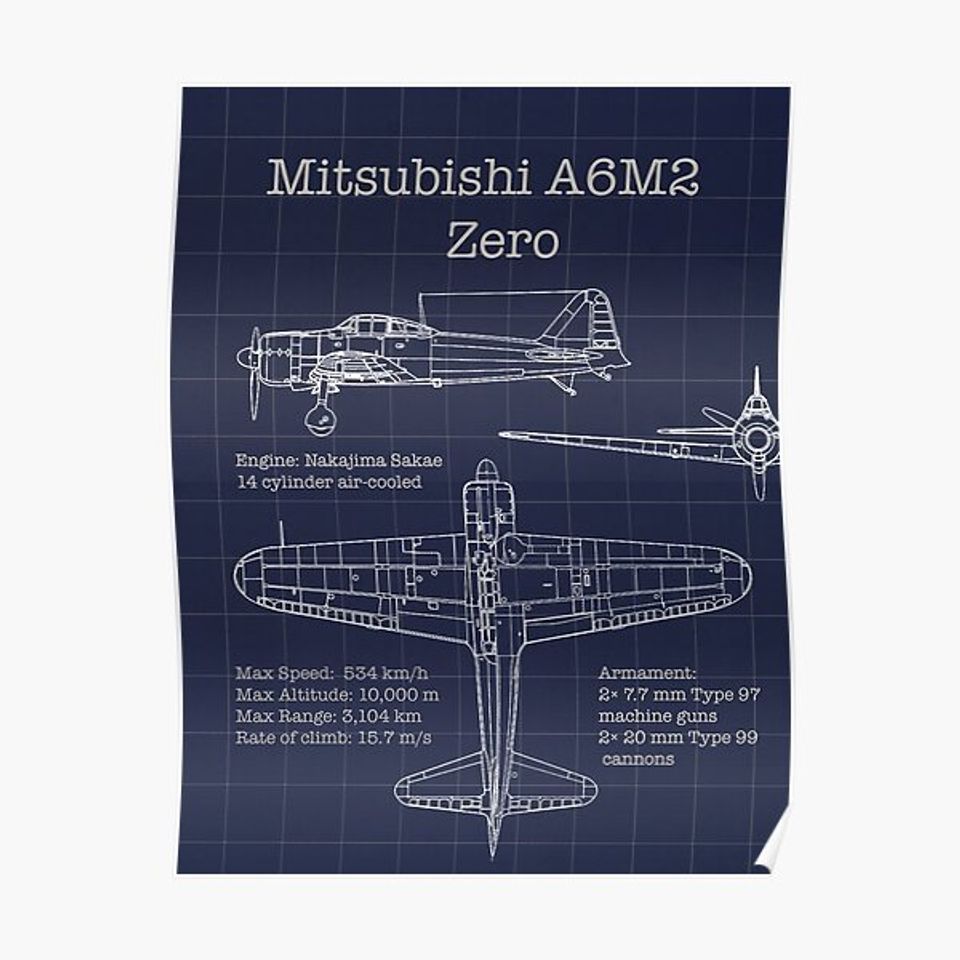 Mitsubishi A6M2 Zero Blueprint Premium Matte Vertical Poster | ID ...