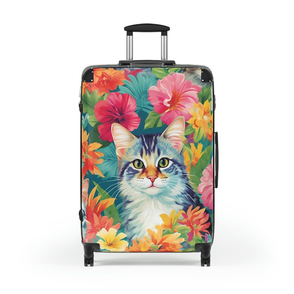 Cat Suitcase Luggage, Tropical Flowers Cute Carry On 4 Wheels Cabin ...
