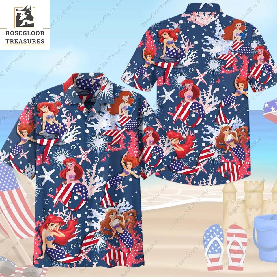 Ariel Hawaiian Shirt, Disney Ariel 4th Of July Button Shirt, Ariel ...