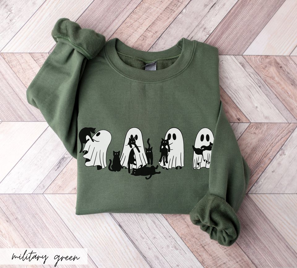 Ghosts with Cats Sweater, Black Cat Lover Ghost Cartoon Sweater, Cute ...