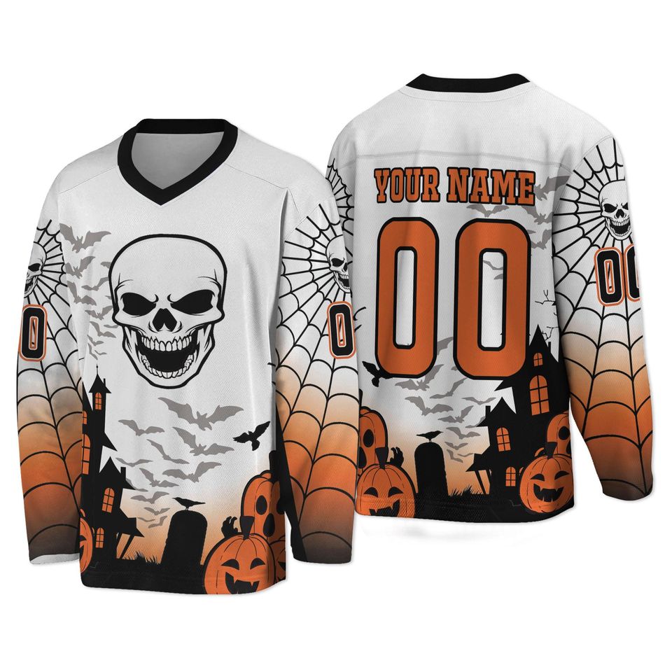 Custom Halloween Hockey Team Pumpkin Skull White Cosplay I3, Stripe ...