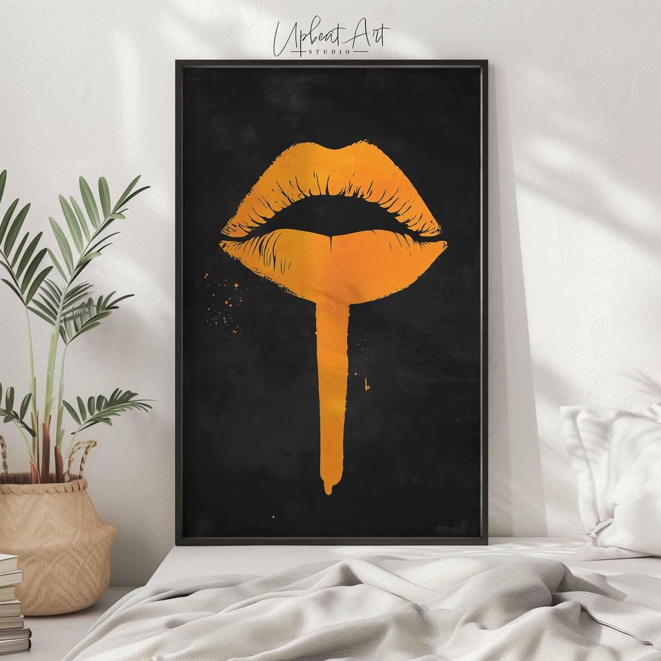 Black and Gold Lips Poster, Luxury Lips Black and Orange Abstract wall ...