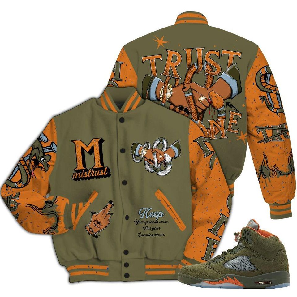 Olive 5s Varsity Jacket, Trust No One Snake-Bite Street Style Baseball ...