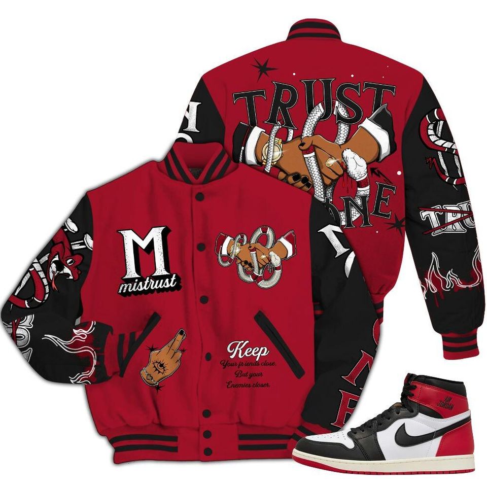 High OG Black Toe Reimagined 1s Varsity Jacket, Trust No One Snake-Bite ...