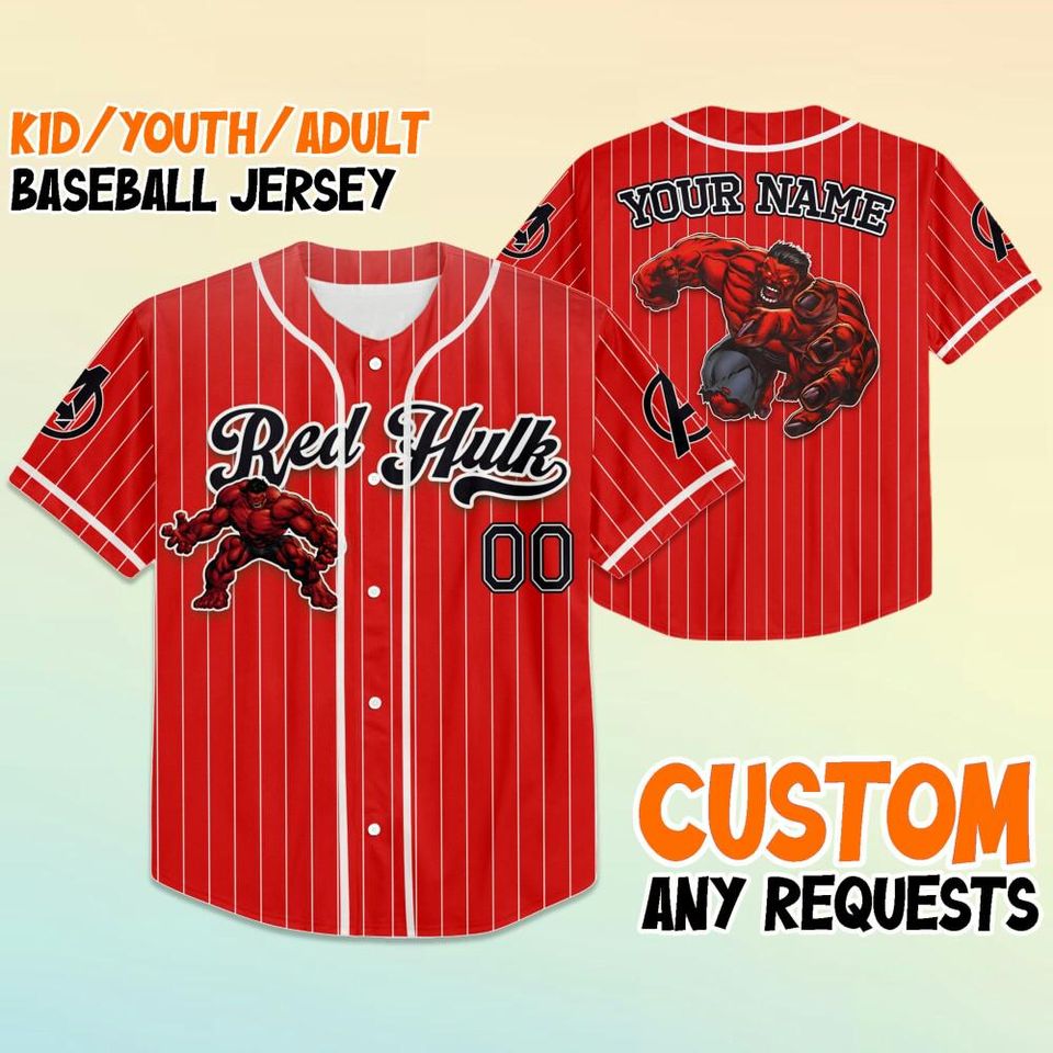 Custom Marvel Red Hulk Up Bulk Up Baseball Jersey, Hulk Baseball Jersey ...