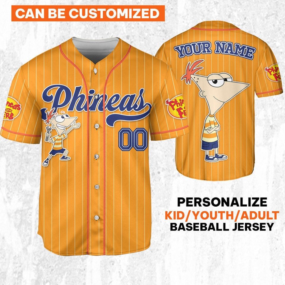 Custom Disney Phineas and Ferb Phineas Simple Orange Baseball Jersey ...