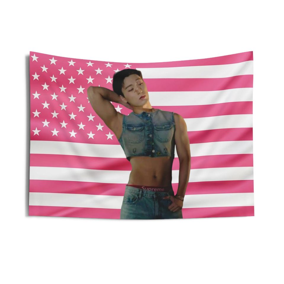 Ateez San American Flag Tapestry, Ateez San Pink American Flag Banner ...