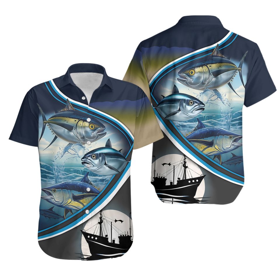 Fishing Hawaiian Shirts for Men - Tuna Fish Casual Button Down Summer ...
