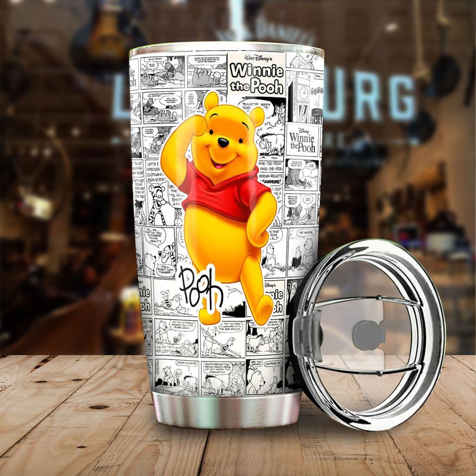 Pooh Bear Comic Pattern Tumbler, Pooh Disney Graphic Cartoon Stainless ...